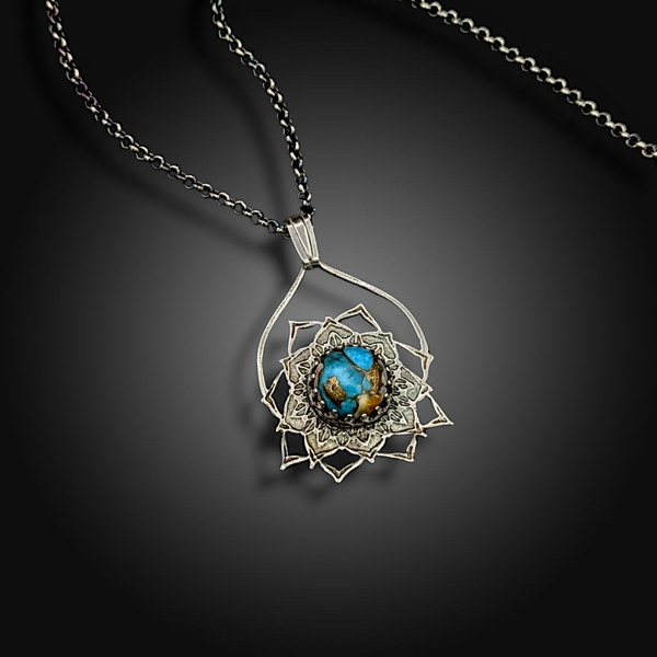 COPPER SKY: Hand-Etched Sterling Silver Necklace with Mojave Turquoise
